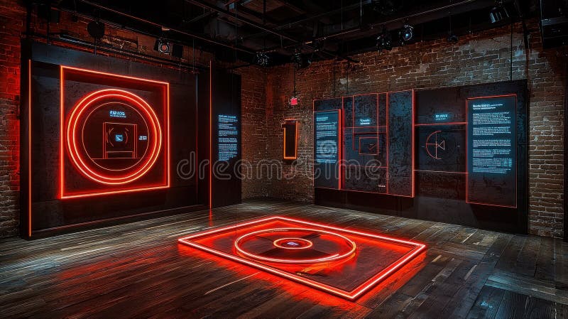 A Modern Art Installation with Red Neon Lights and a Brick Wall Stock ...