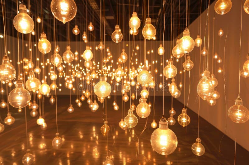 Modern Art Installation with Suspended Light Bulbs in Various Sizes ...