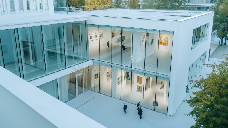 Modern Art Museum with Large Glass Windows Displaying Various Artworks ...