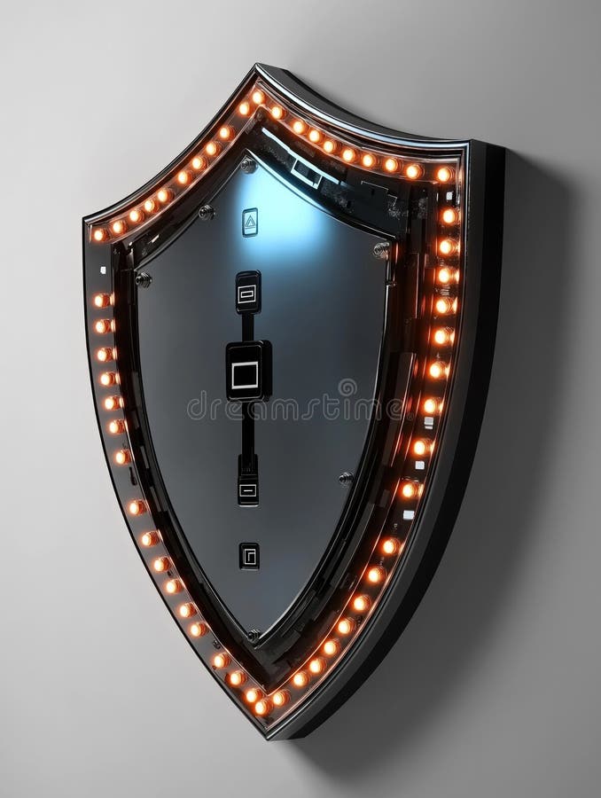 Modern Art Piece Featuring Black, White Shield with Circular Lights ...