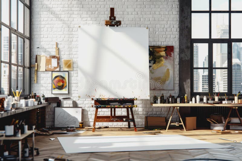 Modern Art Studio with Blank Canvas on Easel, White Brick Wall ...