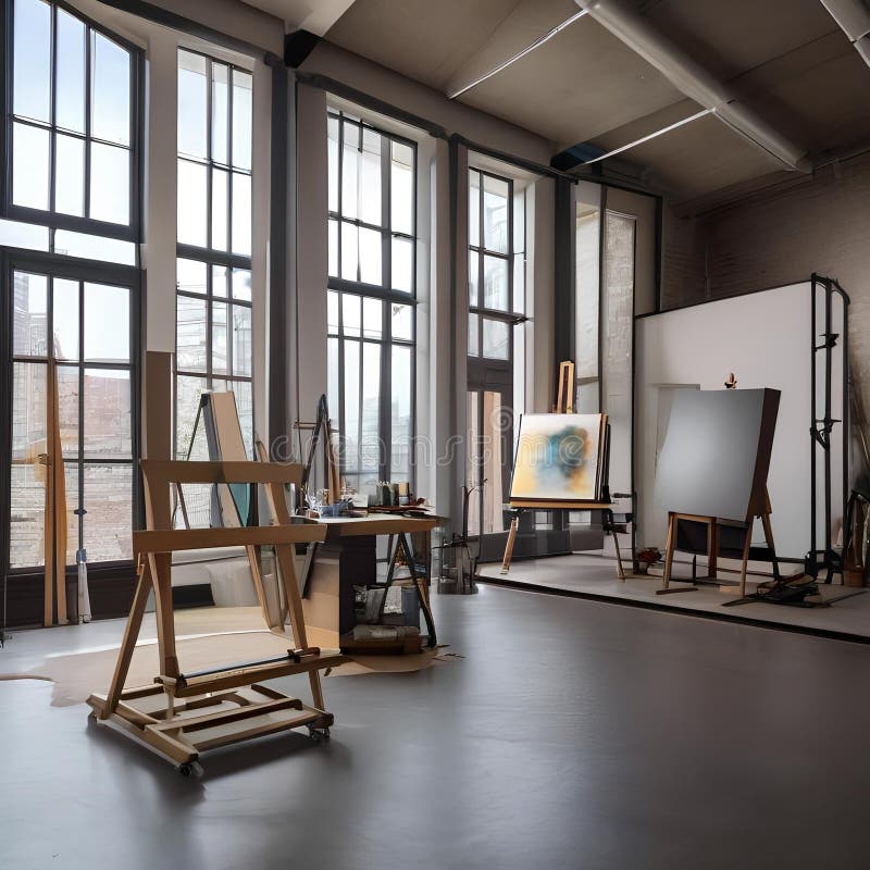 A Modern Art Studio with Easels, Paints, and Large Windows for Natural ...