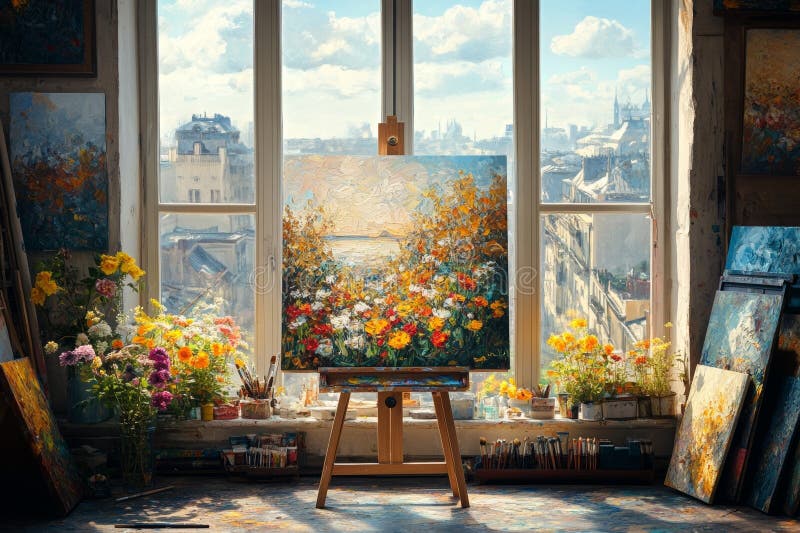 A Modern Art Studio Featuring a Large, Empty Canvas on an Artistic ...