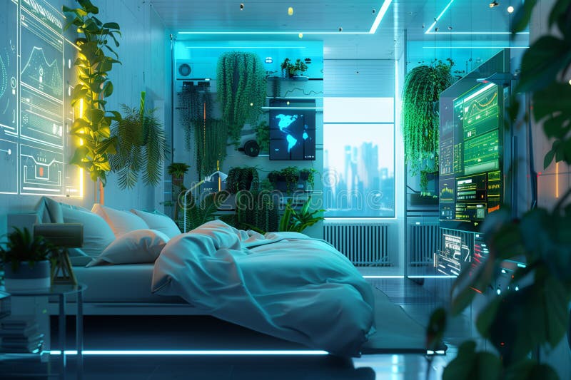 Modern Artificial Intelligence Bedroom Smart Home Featuring Various ...