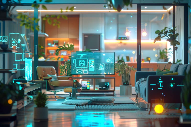 Modern Artificial Intelligence Living Room Smart Home Featuring Various ...