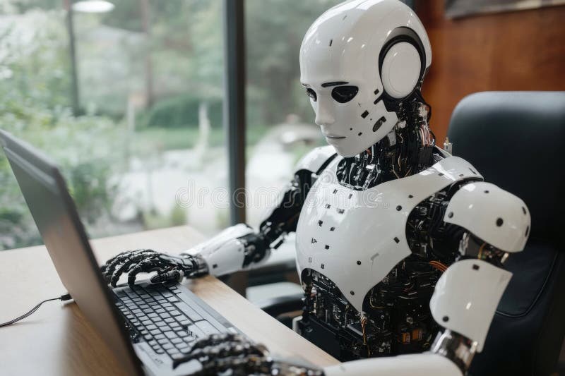 Modern Artificial Intelligence Robot Working on Laptop in Office ... Modern Artificial Intelligence Robot Working on Laptop in Office ...