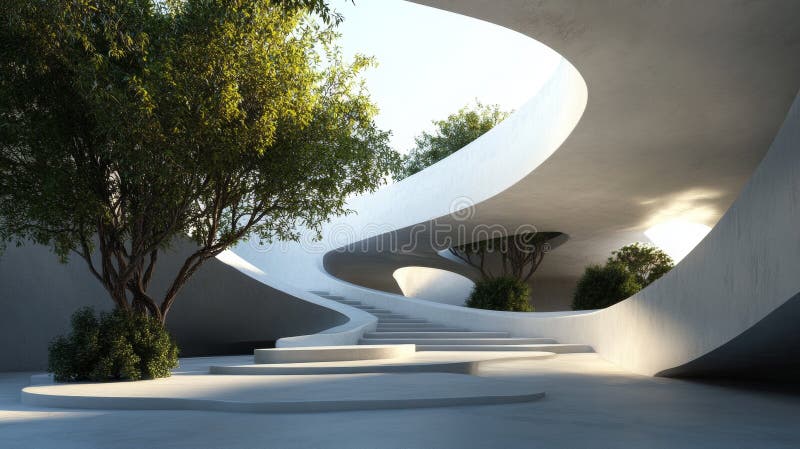 Modern Artistic Architecture with Curved Pathways and Greenery Stock ...