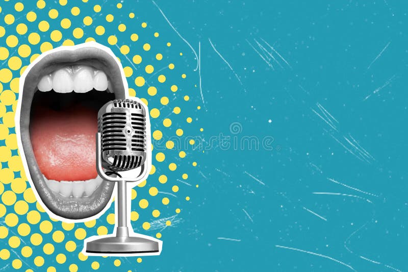 A Modern Artistic Collage Featuring a Screaming Mouth into a Microphone ...