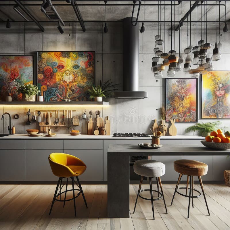Modern Artistic Kitchen Bold Colors, Unique Artworks, and Creat Stock ...