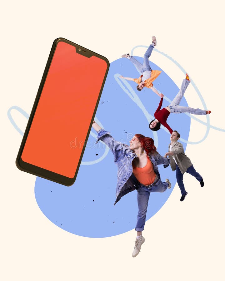 Modern Artwork. Group of People Dynamically Floating Around Smartphone ...