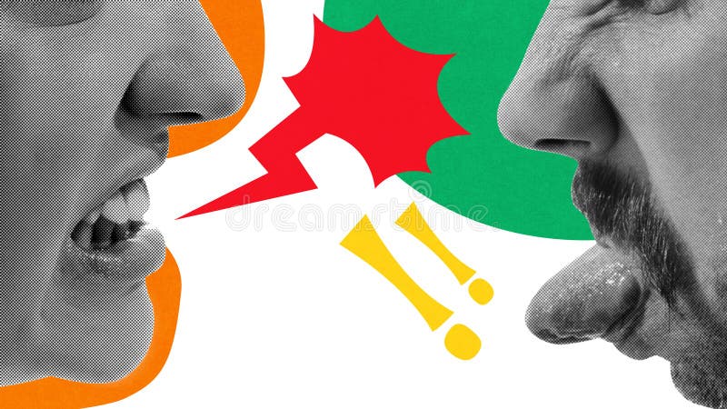 Modern Artwork. Man and Woman Arguing, with Sharp Red Speech Bubble and ...