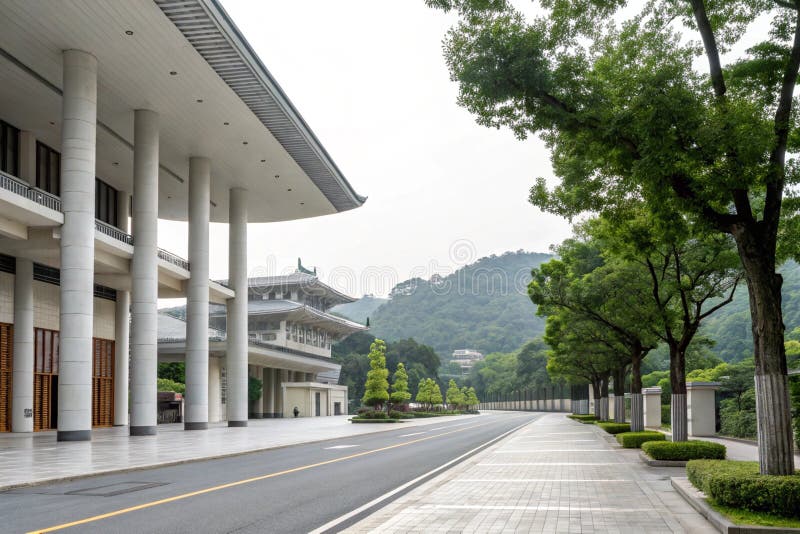 Modern Asian Architecture with Trees and Clean Lines Stock Illustration ...