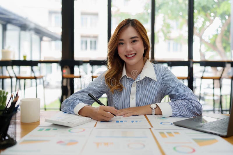 Modern Asian Business Woman Analysis Financial Paperwork Document Stock ...