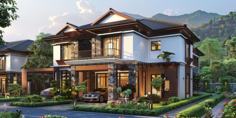 Modern Asian Inspired Villa Exterior Design Generated Using AI. Stock ...