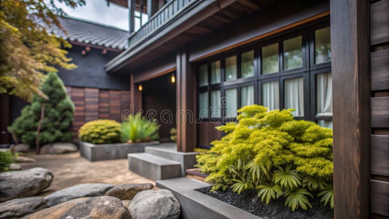 Modern Asian-style Home Exterior with a Stone Path, Lush Greenery, and ...