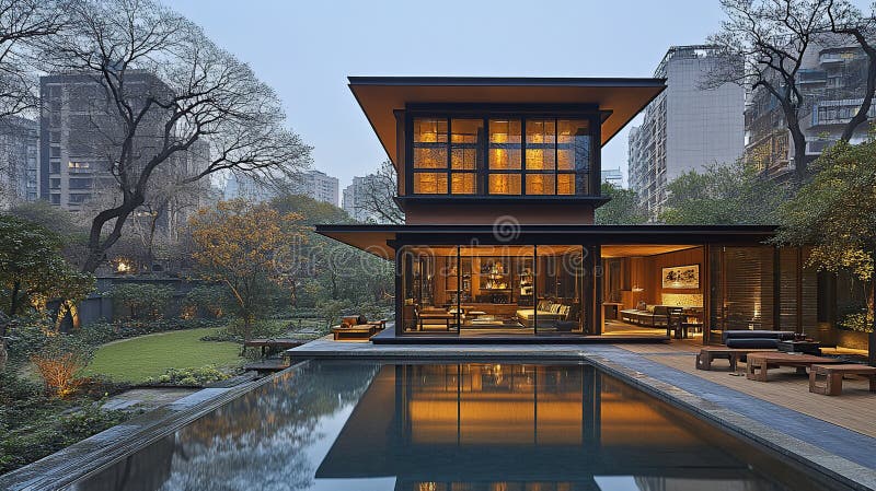 Modern Asian-style Home with Pool and Gardens Stock Illustration ...