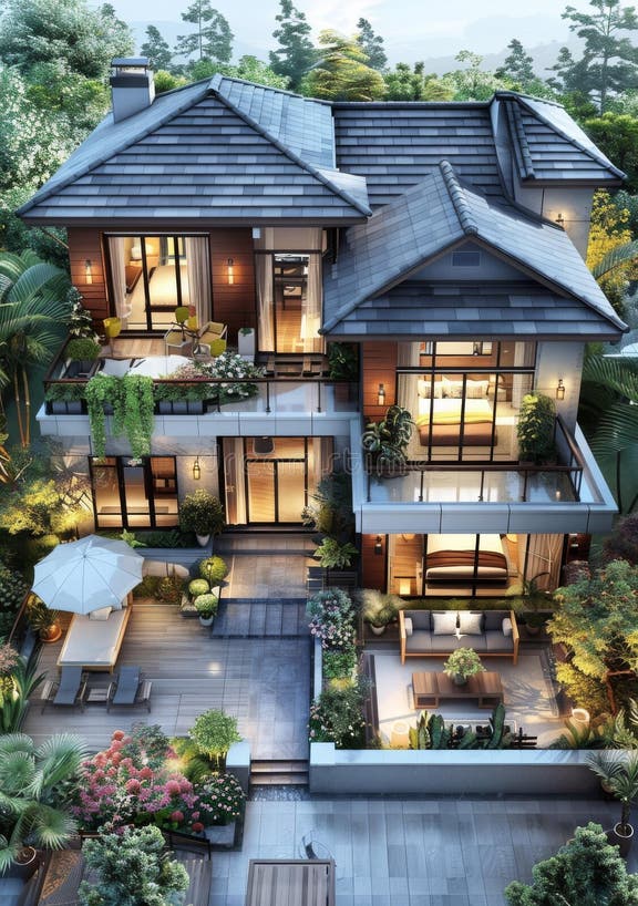 Modern Asian Style Villa with Lush Garden Generated Using AI. Stock ...