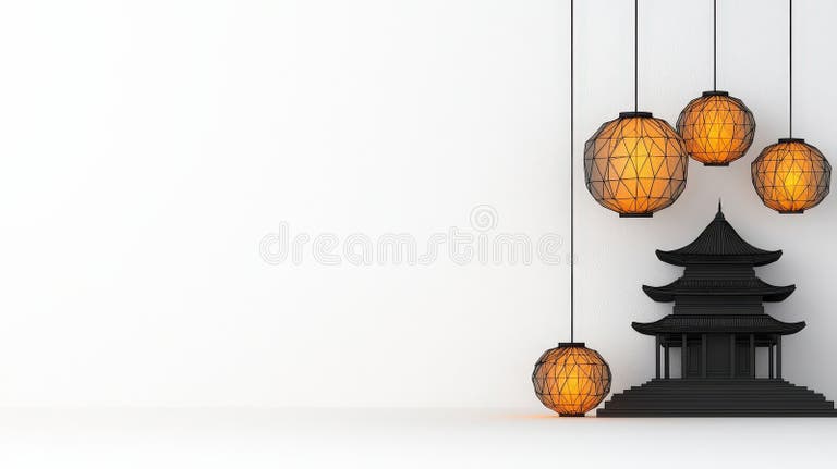 Modern Asian Temple with Hanging Lanterns and Minimalist Design ...