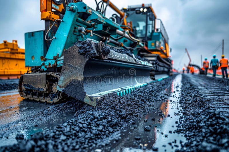 Modern Asphalt Paving Process in Action with Vibrant Machinery and Construction Crew Stock ...