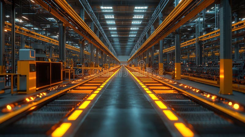Modern Assembly Line in Factory with Illuminated Pathways and Machinery ...