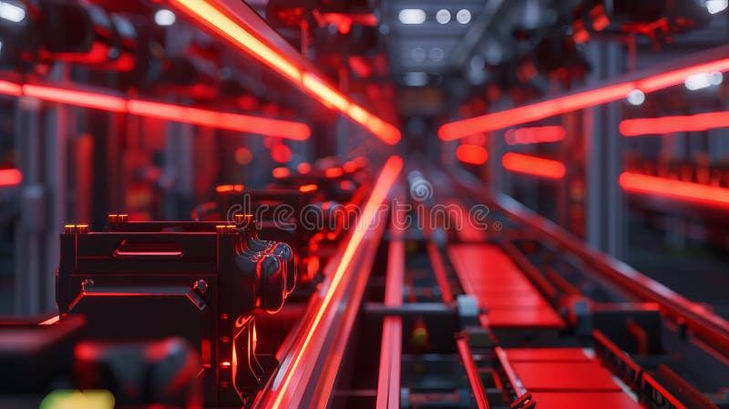Modern Assembly Line with Red Overhead Lights Stock Illustration ...