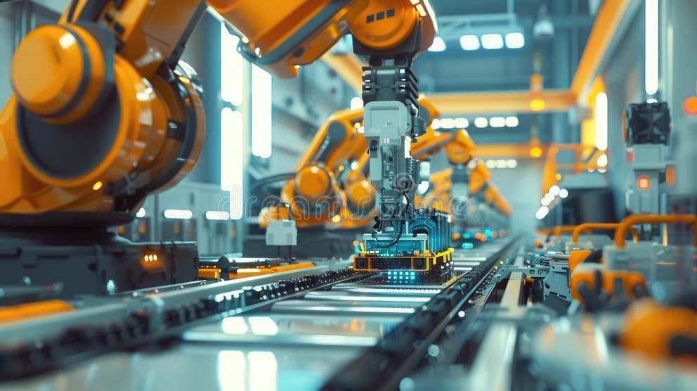 Modern Assembly Line with Robotic Arms and Automated Systems Producing ...