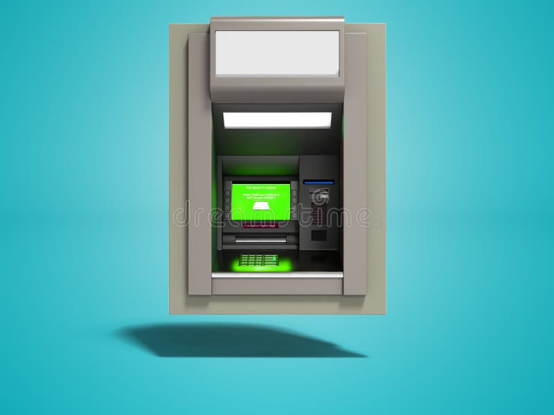 Modern ATM Included with Green Screen 3d Render on Blue Background with ...