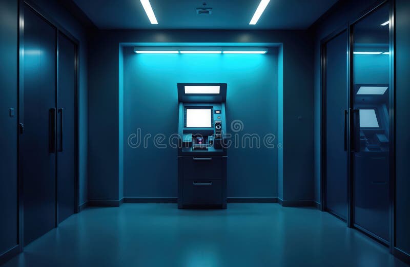 Modern ATM Machine in a Dark Blue Corridor. Secure Environment. Blue ...