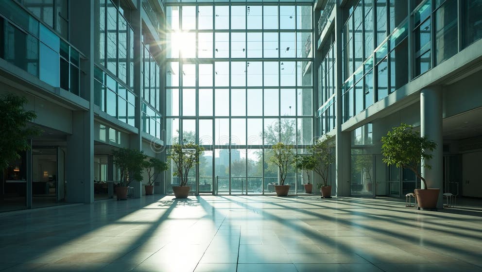 Modern Atrium with Glass Ceiling Sun Rays Casting Reflections on Tiled ...