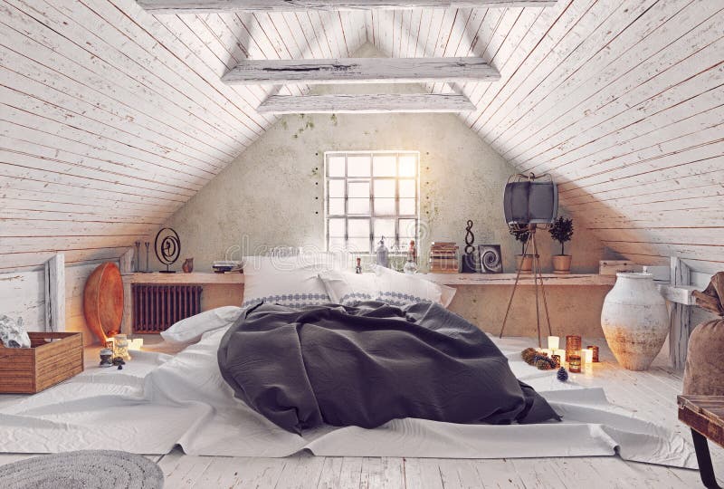 Modern Attic Bedroom Design. Stock Illustration - Illustration of ...