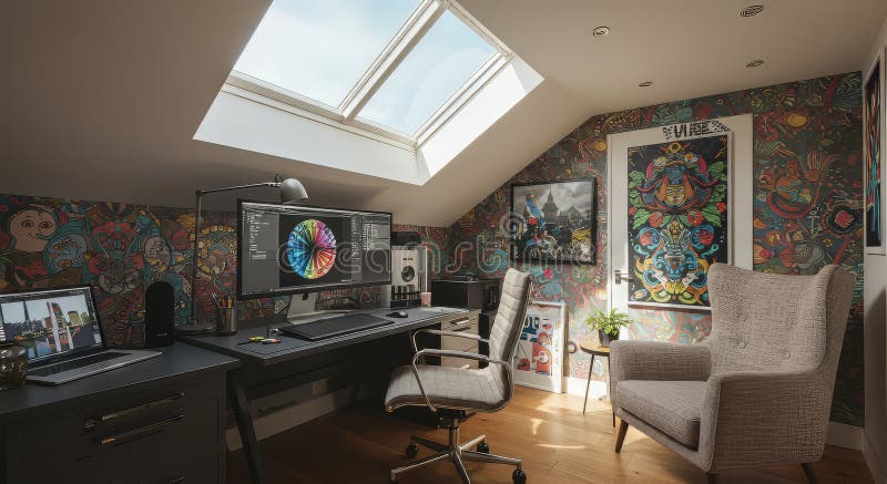 Modern Attic Home Office Interior with Skylight Desk and Artwork Stock ...