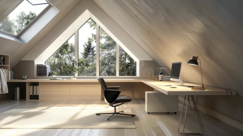 Modern Attic Home Office with Minimalist Design, Natural Light, and ...