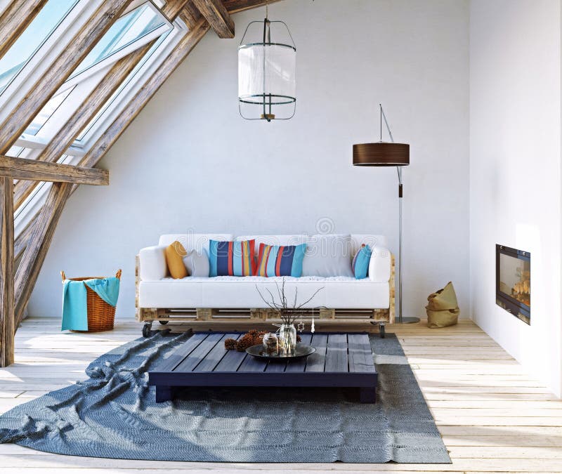 Modern Attic Interior Design. 3d Stock Illustration - Illustration of ...