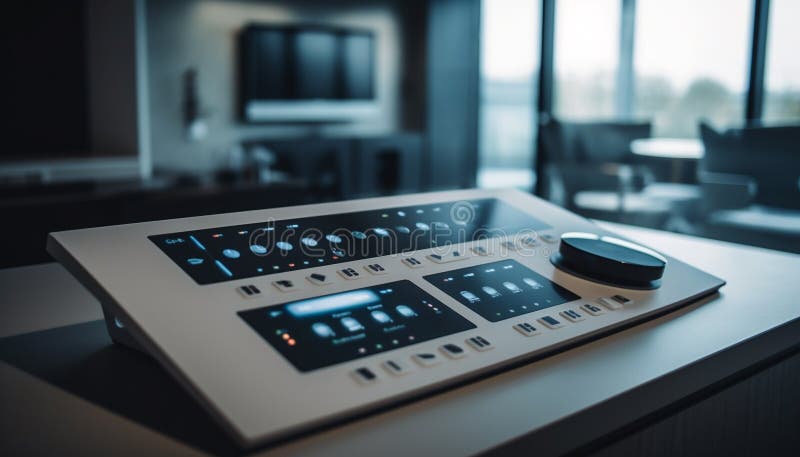 Modern Audio Equipment Control Panel with Illuminated Blue Knobs and ...