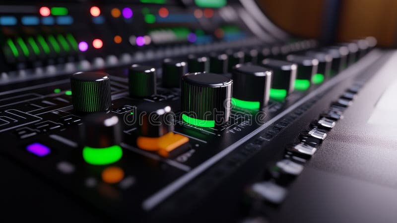 Modern Audio Mixer Controls and Adjustments Closeup View of Illuminated ...