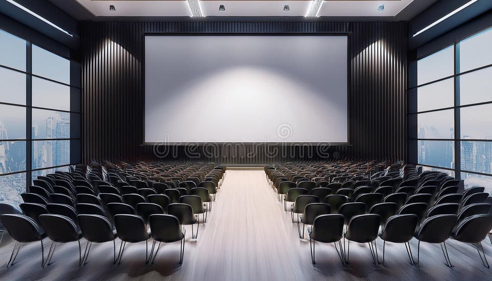 Modern Auditorium with Black Chairs and Large Display Screen. 3D ...