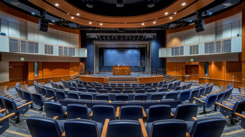 Modern Auditorium with Blue Seats and Wooden Stage Setup, Daytime Stock ...
