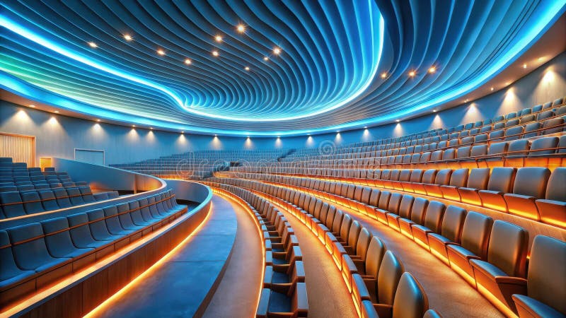Modern Auditorium with a Dynamic, Wave-shaped Ceiling and Rows of ...