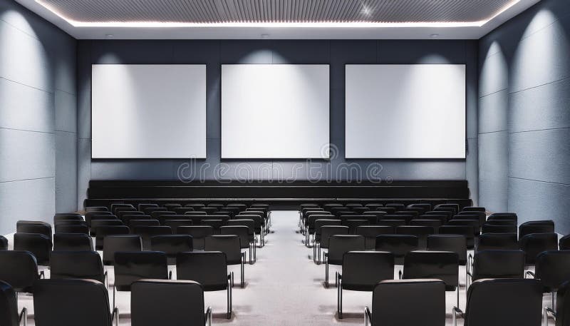 Modern Auditorium Interior with Blank Posters and Black Chairs. 3D ...