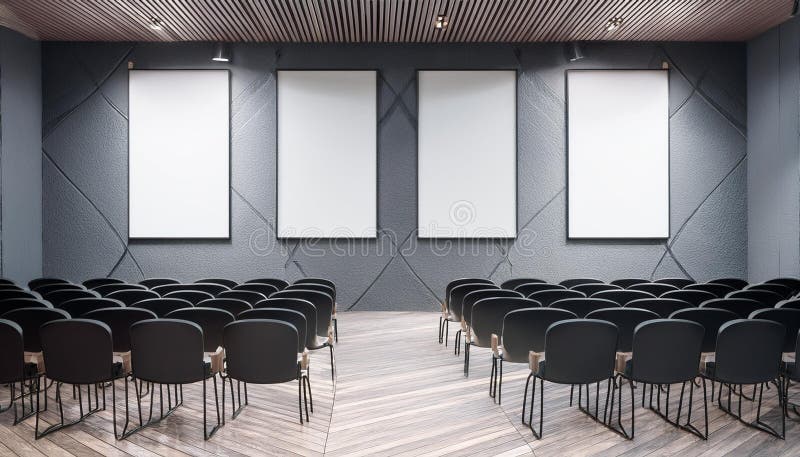 Modern Auditorium Interior with Blank Posters and Black Chairs. 3D ...