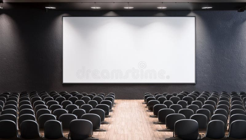 Modern Auditorium Interior with Blank Posters and Black Chairs. 3D ...