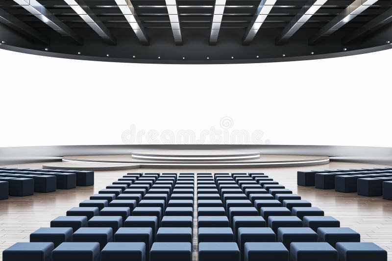 Modern Auditorium Interior with Blue Seats and Large Stage in Front of ...
