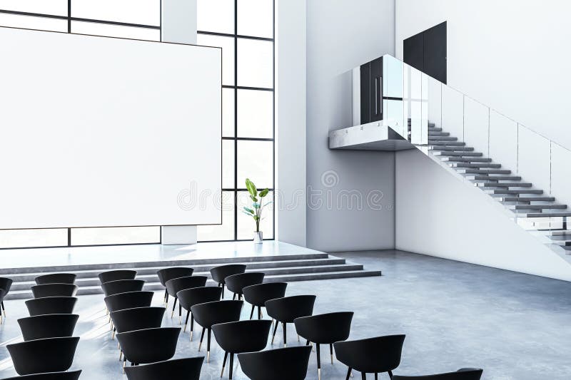 Modern Auditorium with Large Display Screen and Black Chairs. 3D ...