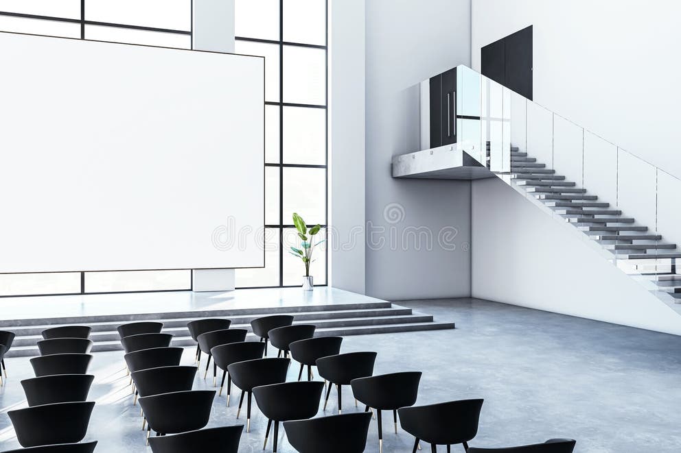 Modern Auditorium with Large Display Screen and Black Chairs. 3D ...