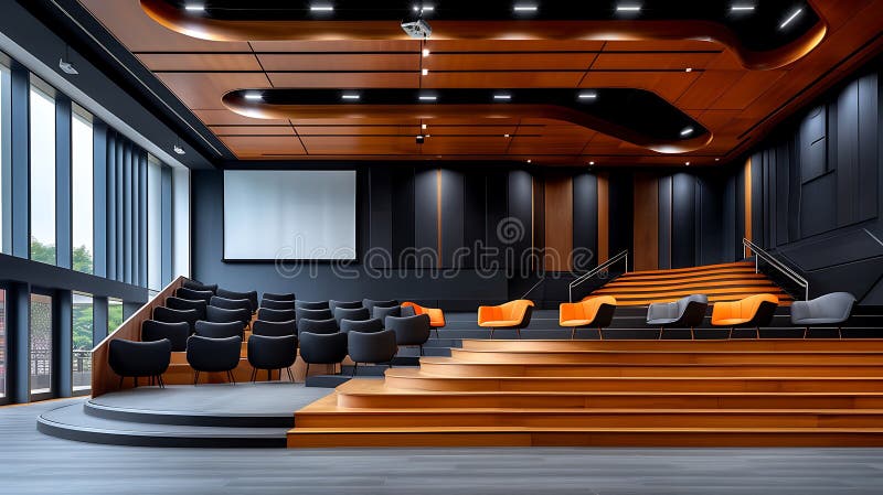 Modern Auditorium with Tiered Seating and Projector Screen Stock Image ...