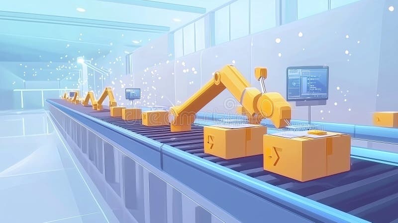 Modern Automated Assembly Line With Robotic Arms Stock Illustration