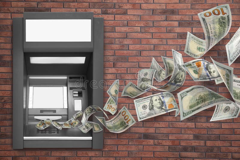 Modern Automated Cash Machine on Brick Wall and Flying Money Stock ...