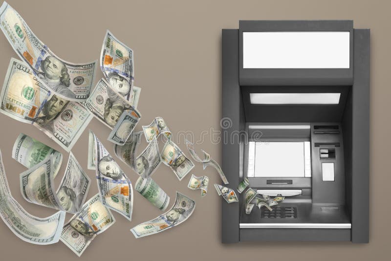 Modern Automated Cash Machine and Flying Money on Grey Background Stock ...