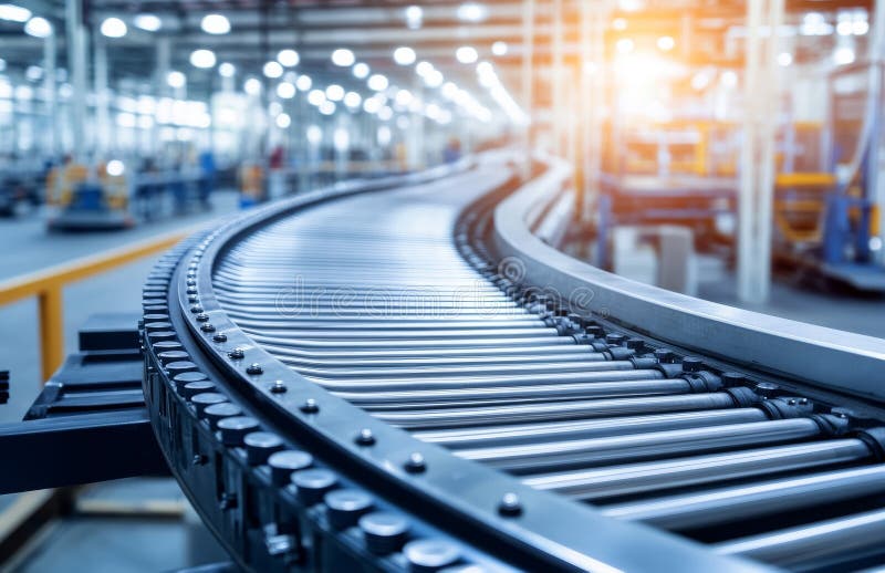 A Modern Automated Conveyor System with Metal Rollers and a Frame, Used ...