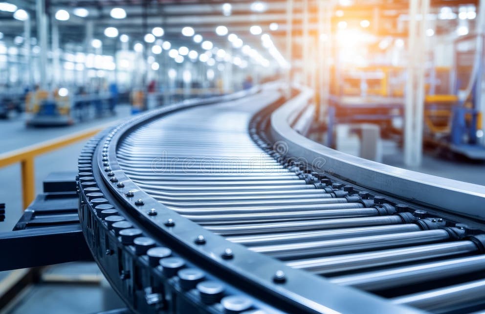 A Modern Automated Conveyor System with Metal Rollers and a Frame, Used ...